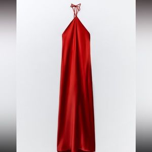 Zara | Dresses | Zara Limited Edition Red Satin Halter Maxi Dress ...